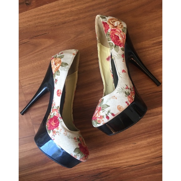 FRH | Shoes | Frh Floral Print Pumps With Black Patent Stilettos | Poshmark